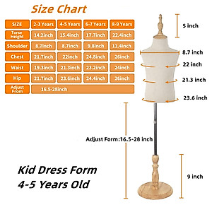 Child Mannequin Dress Form,Kid Dress Form with Wooden Base,Adjustable Girl and boy Dress Form for Apparel Scarf Window Shop Display, 4-5 Years Old