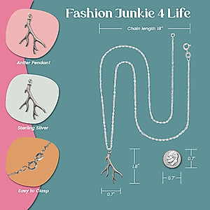 FashionJunkie4Life Sterling Silver Deer Antler Necklace, 18" Chain | Gifts for Men & Women | Birthday Gifts for Women and Men