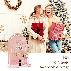 ProCase Cute Jewelry Organizer Stand Earring Holder Organizer for Dorm, Aesthetic Necklace Stand with 6 Removable Wood Hooks, Small Jewelry Display Rack with Bottom Tray for Bracelets Rings -Pink