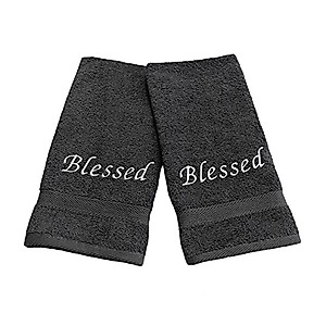 Liberty21 Embroidered Hand Towels with Inspirational Message: Blessed (1 Set of 2 Hand Towels) for Bathroom, Kitchen or Spa. (Dark Grey)