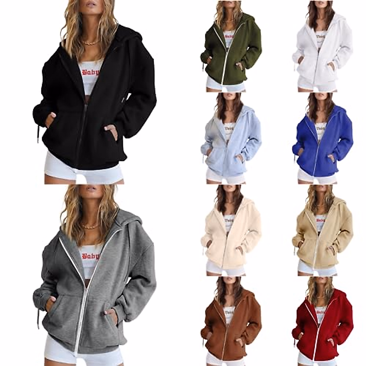 RINDE Women's Zip Up Hoodies Teen Girls Hooded Oversized Sweatshirt Y2K Hoodie Cute Fall Casual Drawstring Jacket with Pockets
