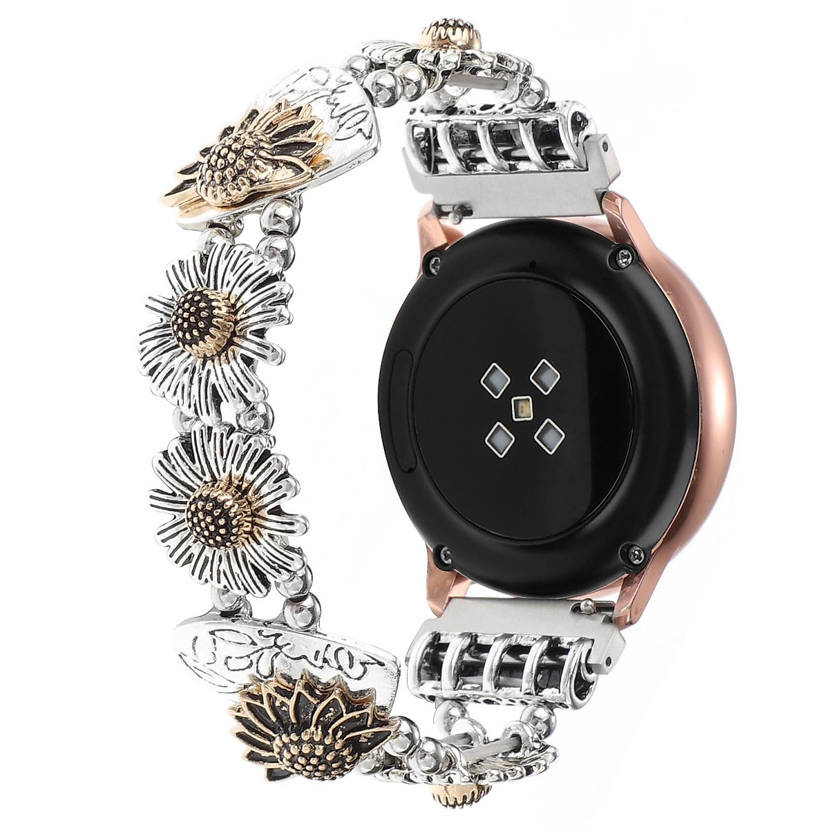 Stretchy Metal Bracelet Bands Compatible with Samsung Galaxy Watch Active 2 bands 40mm 44mm/Active 40mm/Galaxy Watch 3 41mm/42mm/Gear S2/Galaxy Watch 5 4 20mm Women Fancy Elastic Sunflower Strap (Medium, Silver Gold Flower)