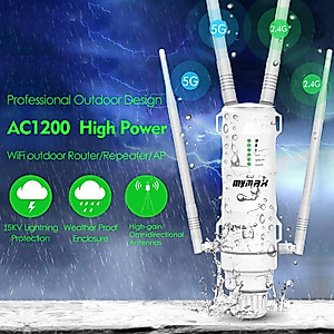 AC1200 Outdoor WiFi Range Extender/PoE Access Point/Repeater with 4-Antenna, MyMAX Dual-Band 2.4+5GHz 1200Mbps Weatherproof Outside Wireless AP/Exterior Network Signal Booster/Internet Amplifier