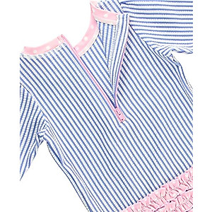 RuffleButts® Baby/Toddler Girls Long Sleeve One Piece Swimsuit - Blue Seersucker with UPF 50+ Sun Protection - 6-12m