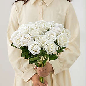 Fake Roses Artificial Silk Flowers - 12 Pcs White Roses Artificial Faux Flowers with Stems for Home Wedding Centerpiece Hotel Office Decor