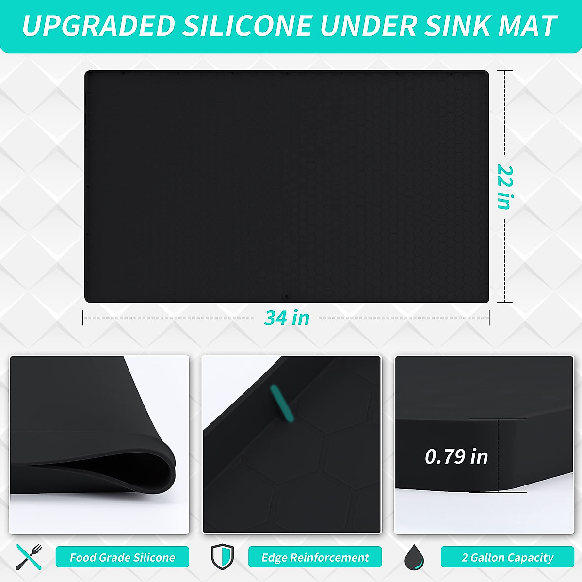 Under Sink Mat, 34" x 22" Under Sink Mats for Kitchen Waterproof, Bathroom Tray with Drain Hole, Under Sink Liner as Protect for Drips Leaks Spills Tray, Black