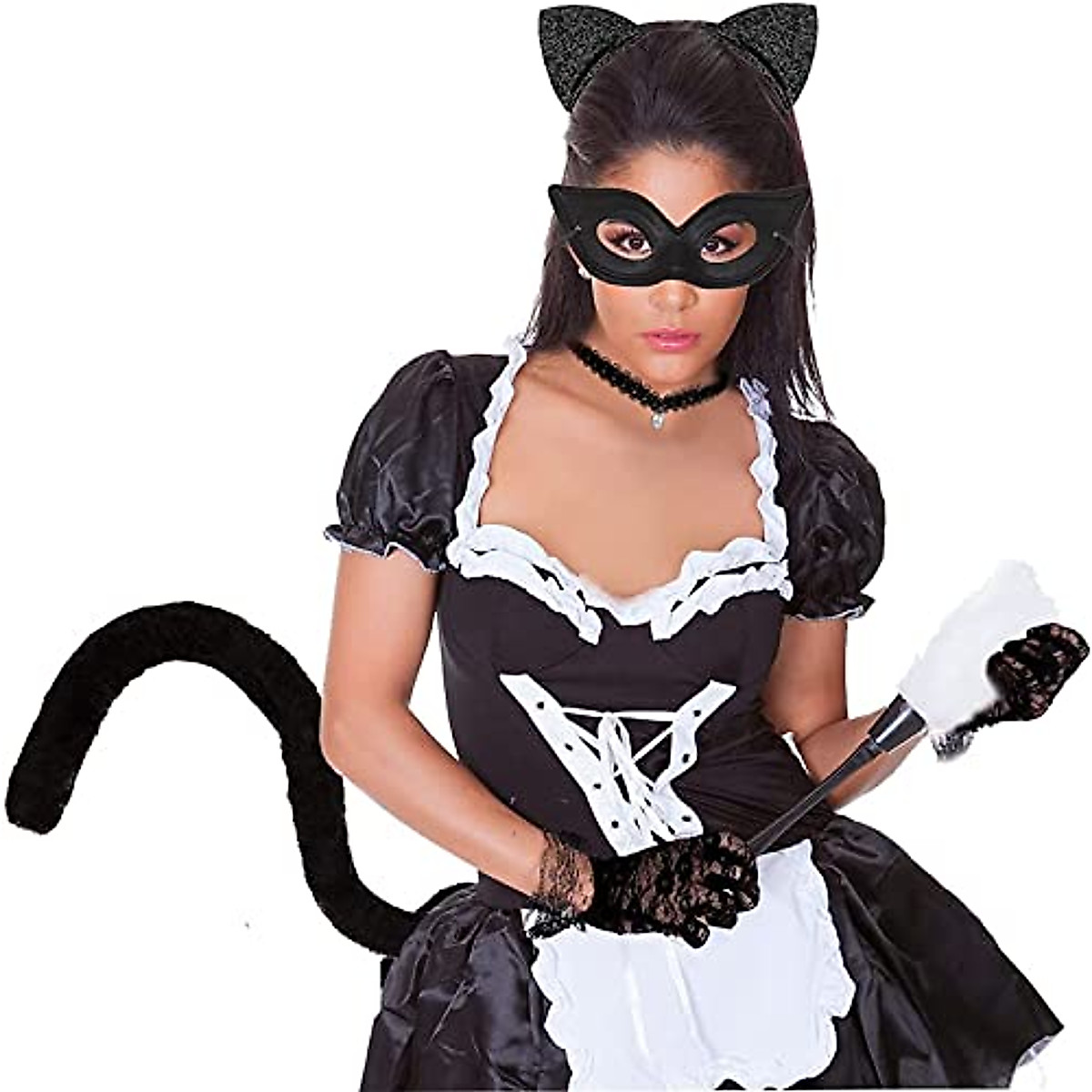 FUEAWIM Black Cat Costume Cat Ears Tail and Masquerade Eye Cover for Women Girls Halloween Cosplay Accessory