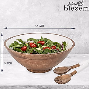 Wooden Salad Bowl Set Large 12" with Server Tongs Spoons, White Bowl with Utensils for Kitchen Gift Decor