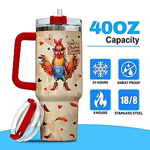 99OWL Crazy Chicken Lady Coffee Color, Tumbler 40 Oz With Handle Lid And Straw, Chicken Gifts, Lovers Handle Boss Red Swig For Modern Women Brown Tumblers Breed Spring Simple Funny