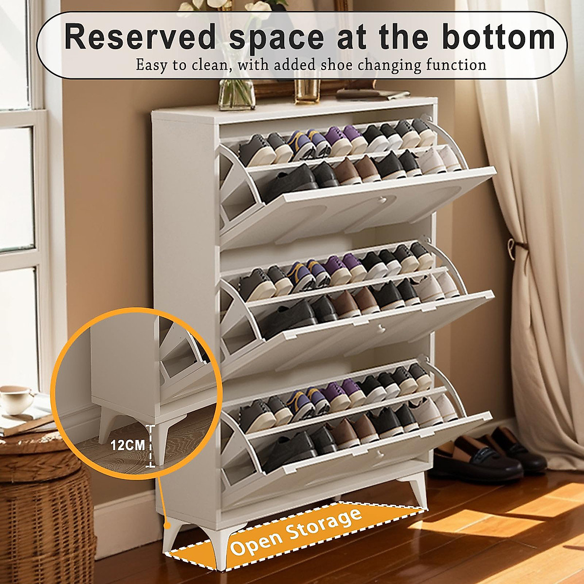 Modern Shoe Cabinet with 3 Flip Drawers,Adjustable Slim Freestanding Narrow Shoe Rack Tipping Bucket Shoe Cabinet with Door Open Shelves for Entryway