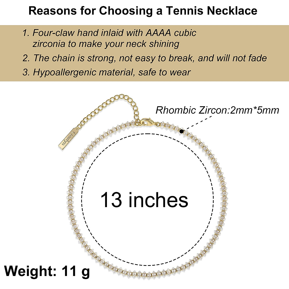 Cowlyn Tennis Choker Necklace Crystal Cubic Zirconia CZ Chain Dainty Gold Silver Plated Diamond for Women Charm Jewelry