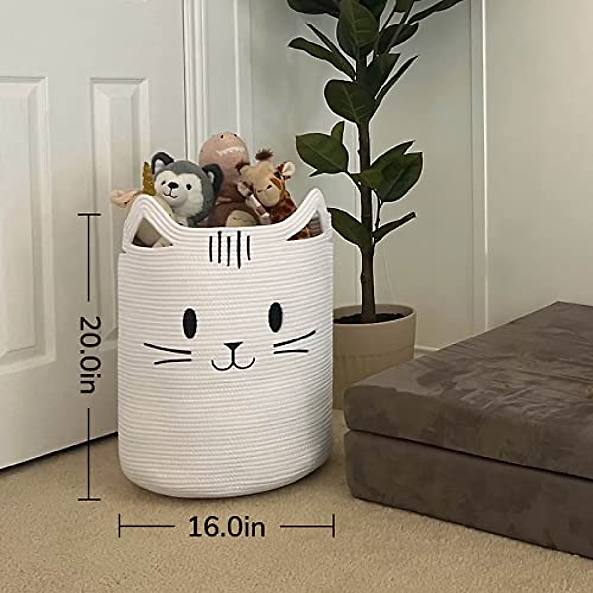 INDRESSME Cute Baby Laundry Basket, Tall Nursery Hamper for Clothes, Towels, Blankets, Kids Toy Storage Basket for Living Room, Bedroom, Cat Basket for Playroom, 16 x 20 inches, White