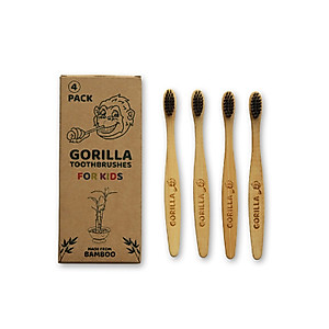 Kid's 4 Pack - Gorilla Bamboo Toothbrush Soft Natural Bristle for Sensitive Gums - Eco Friendly Recyclable Biodegradable Sustainable Products Helping to Save The Planet - One Toothbrush at a Time