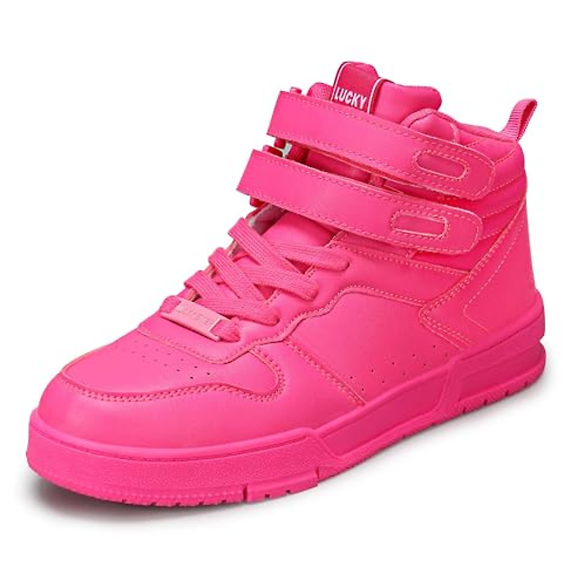 LUCKY STEP Women's High Top Fashion Sneakers Basketball Ankle Boots Walking Tennis Shoes Platform Hook and Loop Casual Faux Leather Sneaker(Hot Pink,8B(M) US)