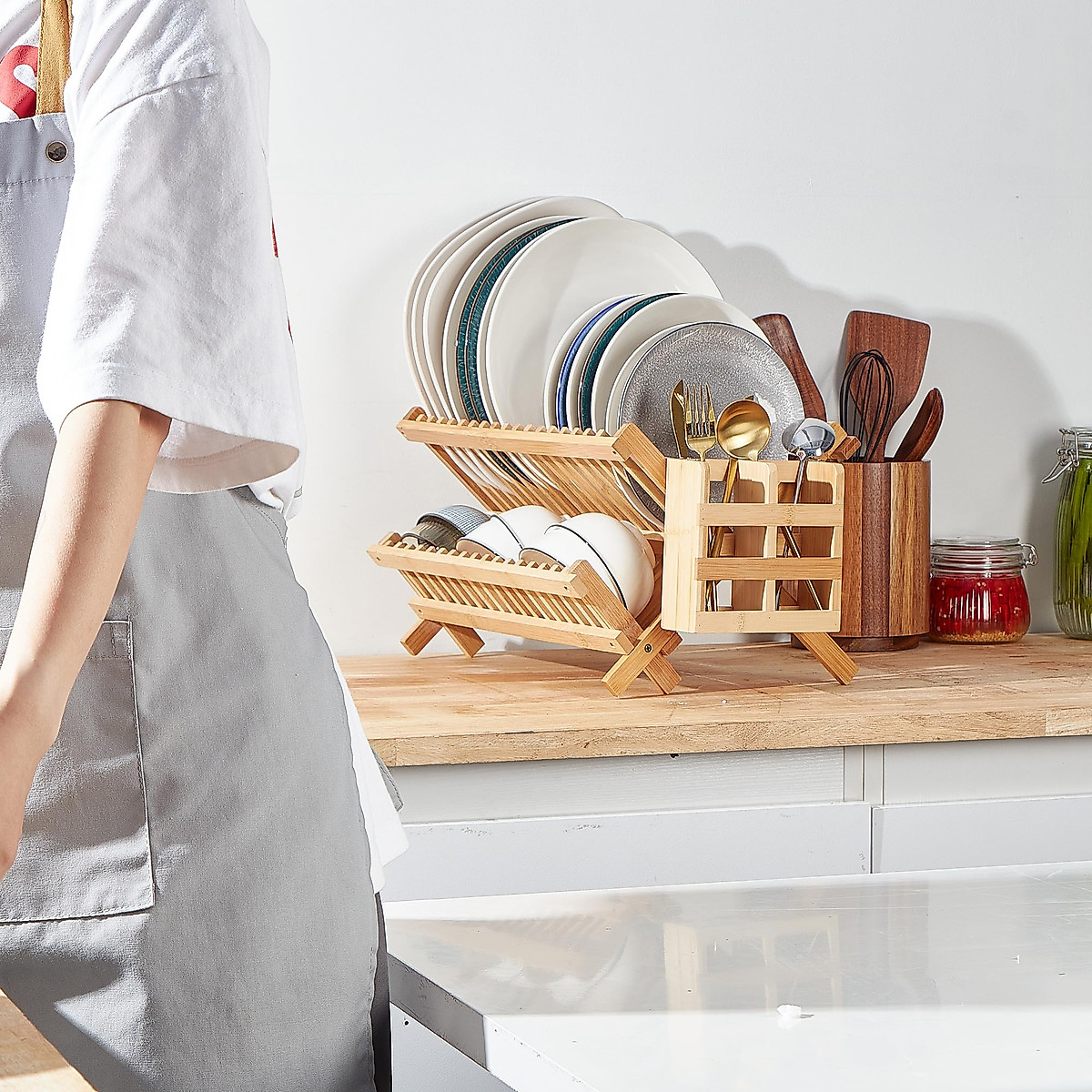 NOVAYEAH Bamboo Dish Drying Rack-2 Tier, Collapsible Small Dish Rack with Utensil Holder, Wooden Drying Rack for Kitchen Counter, Apartment Essentials Kitchen Plate Holder, Kitchen Organization