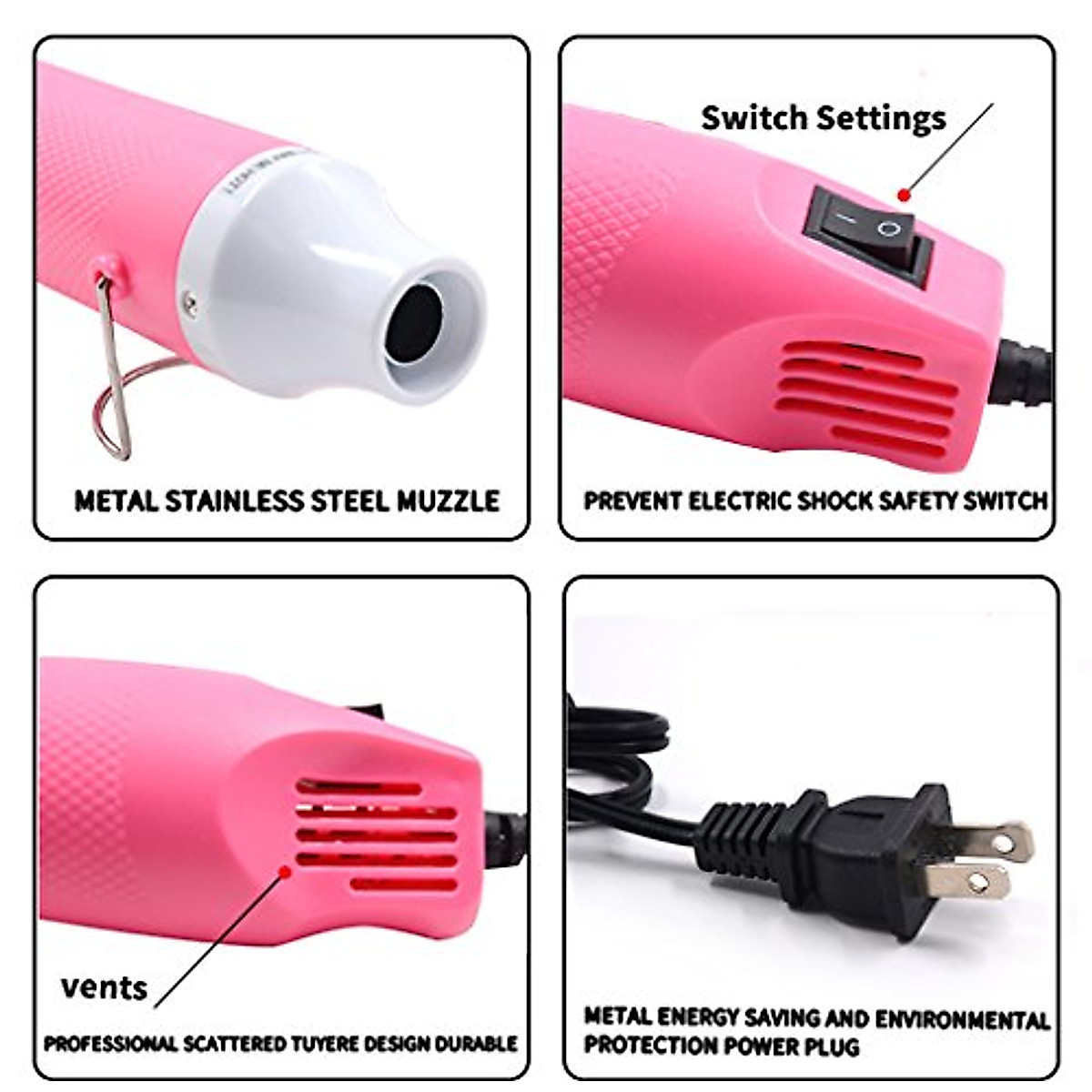 Heat Gun,mofa Hot Air Gun Tools Shrink Gun with Stand For DIY Embossing And Drying Paint Multi-Purpose Electric Heating Nozzle 300W 110V(Pink,White)