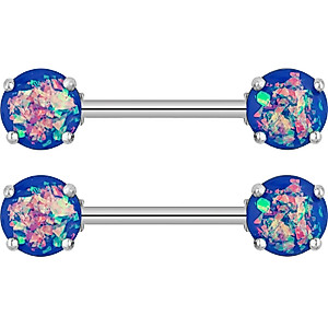 Forbidden Body Jewelry 14G Set of Surgical Steel Blue Simulated Opal Glitter Gemstone Nipple Ring Barbells
