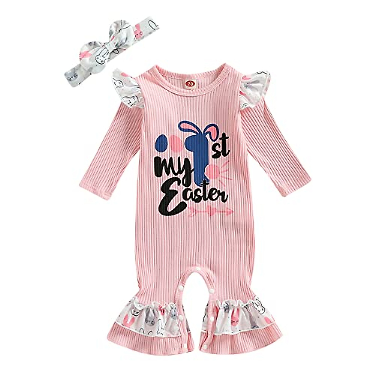 ZIMBRO Baby Girl Easter Outfit Bunny Print Romper My 1st/First Easter Letter Jumpsuit Long Sleeve Bodysuit Headband (Pink,0-3 Months)