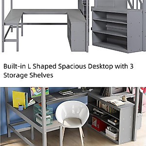 Merax Wood Full Size Loft Bed Frame with Built-in L Shaped Desk & 3 Storage Shelves & Attached Storage Stairs for Kids, No Box Spring Needed, Gray