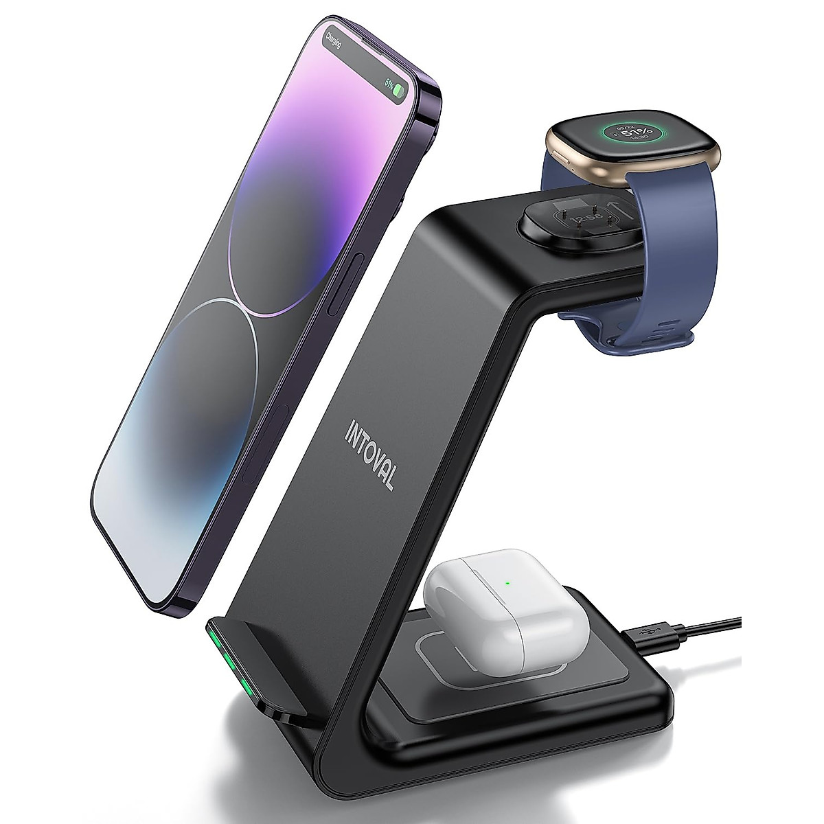 Intoval Wireless Charger for Fitbit Sense 2/Sense/Versa 4/Versa 3, 3 in 1 Wireless Charging Station for iPhones, Androids, Airpods (V3, Black)
