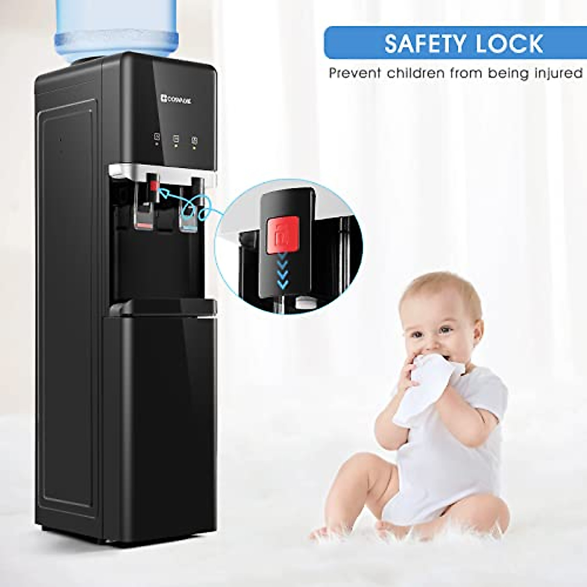 COSVALVE Water Cooler Dispenser, 5 Gallon Top Loading Hot/Cold Water Cooler, Compression Refrigeration w/Freezer Cabinet, Child Safety Lock for Home Office, Apartment, Dorm