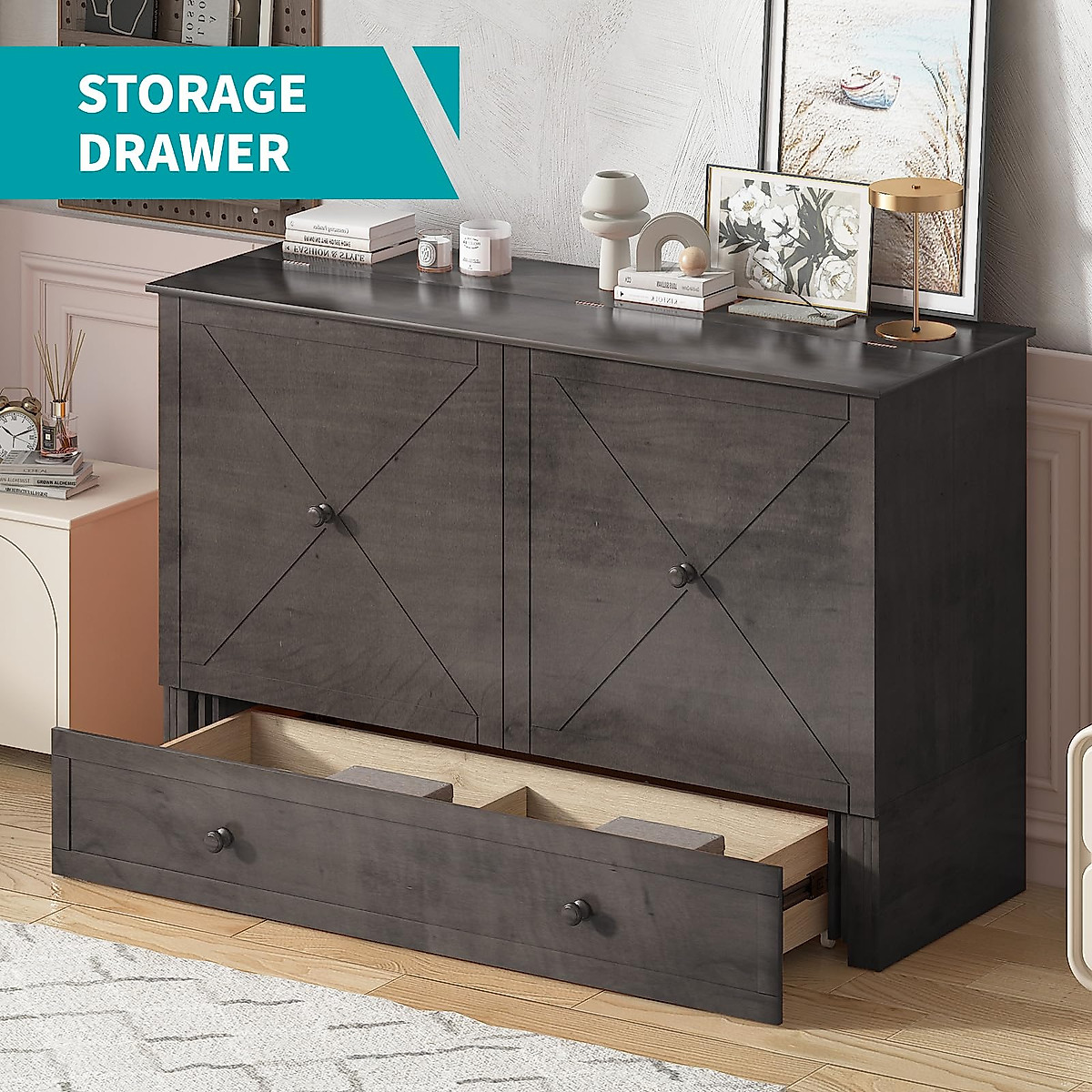 BALUS Murphy Bed, USB Charging Station, Furniture Murphy Cube Cabinet Bed, Queen Size Memory Foam Mattress in a Foldable Cabinet, Storage Drawer-Grey