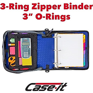 Case-it Mighty Zip Tab Zipper Binder, 3" O-Ring with 5-Color tabs, Expanding File Folder and Shoulder Strap and Handle, D-146- Midnight Blue