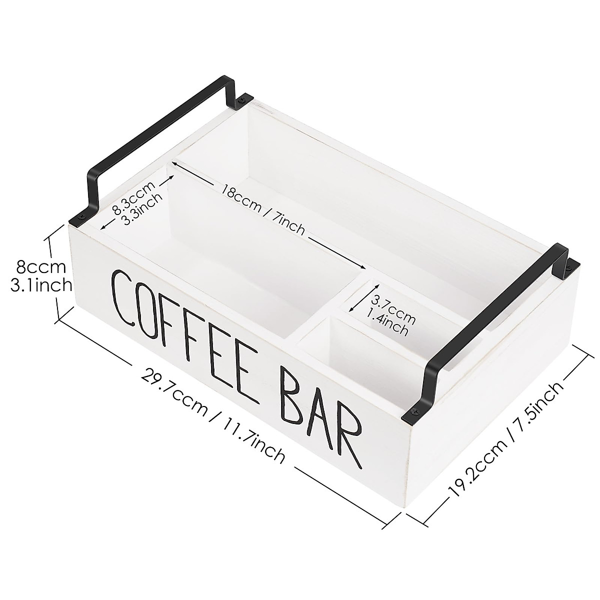 Pitmoly Coffee Station Organizer, Wooden Coffee Bar Accessories Organizer for Countertop, Farmhouse K Cup Coffee Pod Holder with Handle, Rustic Retro Storage Bin for Coffee Tea Bag (White)