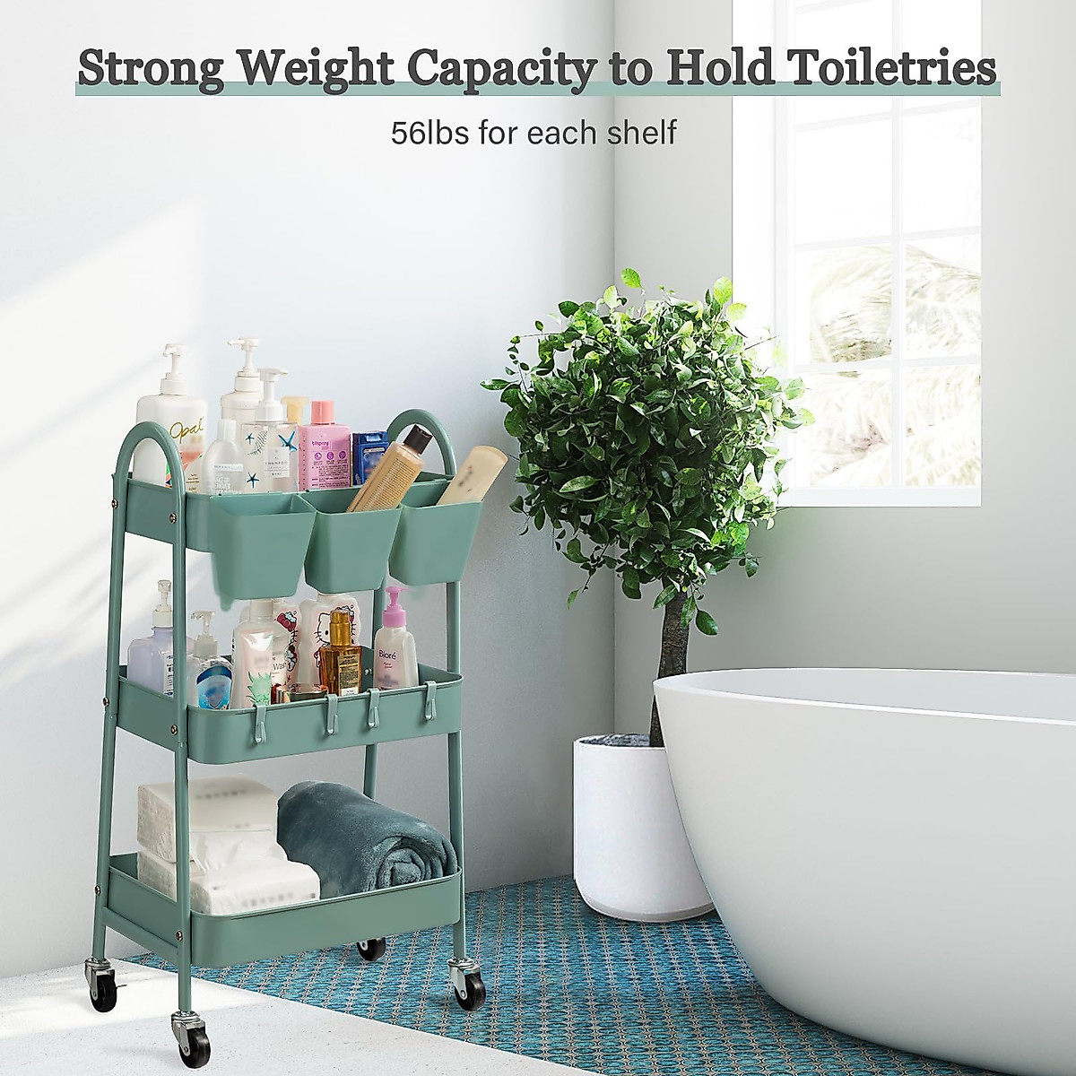 danpinera 3-Tier Rolling Cart, Metal Rolling Storage Cart with Lockable Wheels & Hanging Cups & Hooks, Mobile Trolley Cart for Kitchen, Bathroom, Office, Workshop, Green