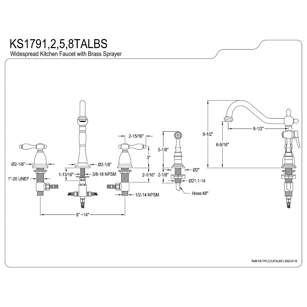 Kingston Brass KS1791TALBS Widespread Kitchen Faucet, Polished Chrome