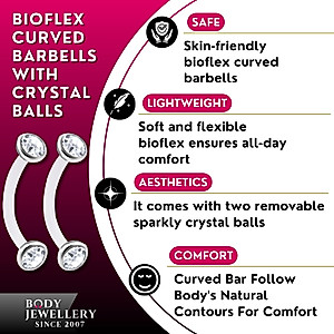 bodyjewellery 2pcs 16g 3/8 Curved Barbell Septum Cartilage Earring Eyebrow Helix Bioflex Flexible Tragus Steel halfball - CL
