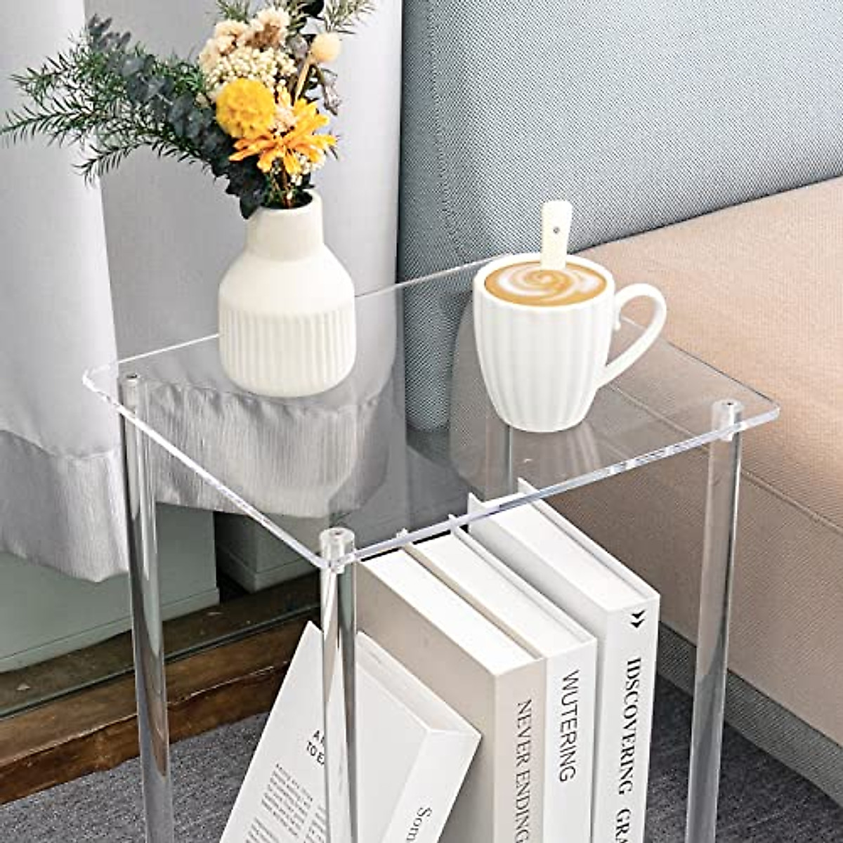 Aquiver Small Acrylic Side Table - 13.4'' L x 11.5'' W x 19.6'' H Clear Nightstand - 2 Tiers Small End Table Bedside Table for Living Room, Bedroom