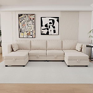 KEVINSPACE 110.24" Sectional Sofa Modular Couch U Shape Corner Sectional Sofa Set with Storage Reversible Sofa Couch with Chaise Ottoman Sleeper Sofa for Living Room Beige