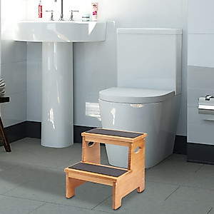 Wooden Step Stool Kids Toddler Foot Stools for Kids Potty Training Stool 2 Step Stool for Kitchen Sink Bathroom Two Step Stool with Handle Natural