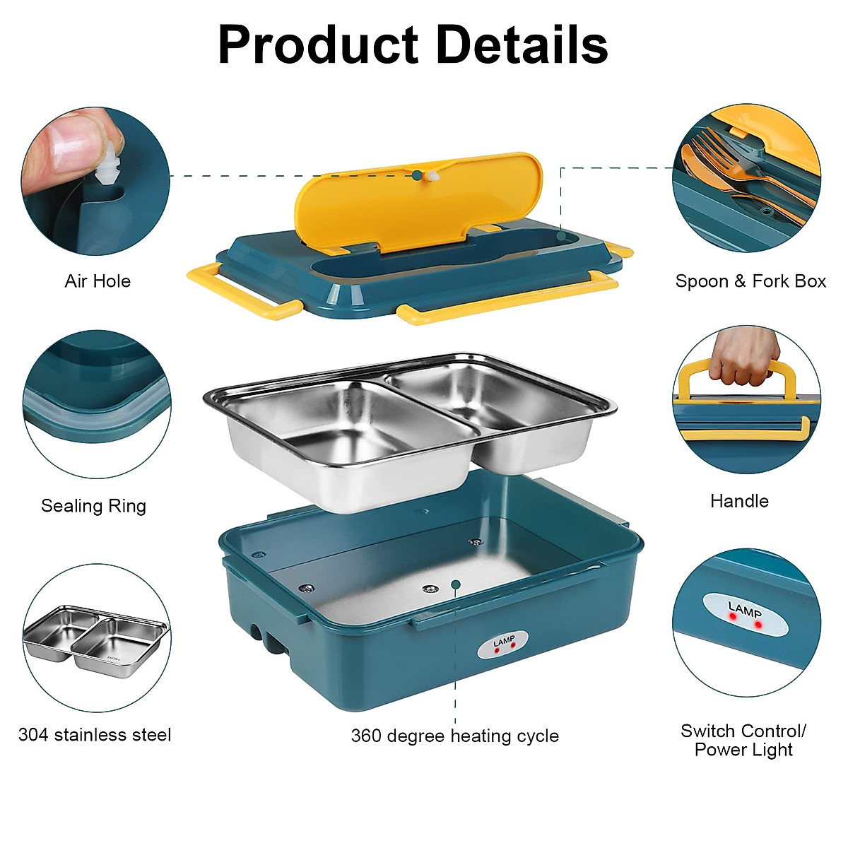 Electric Lunch Box Food Heater, 3 in 1 Food Warmer 12V 24V 110V Portable Heated Lunch Boxes for Car/Truck/Home Self Heating Box with 2 Removable 304 Stainless Steel Container, Fork & Spoon and Carry