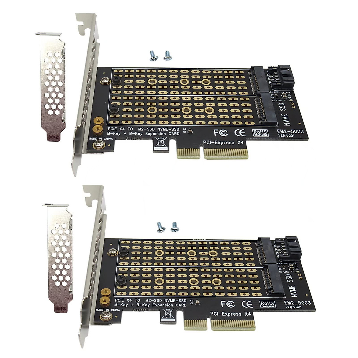 2x M.2 to PCIe NVMe and SATA SSD Dual M Key and/or B Key Adapter Card 2242 2260 2280 M2 Drive to Desktop PCI Express x4 x8 x16 Slot, Includes Brackets
