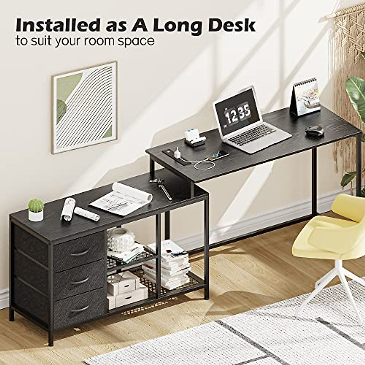 SUPERJARE L Shaped Desk with Power Outlets and Dual Monitor Stand Riser