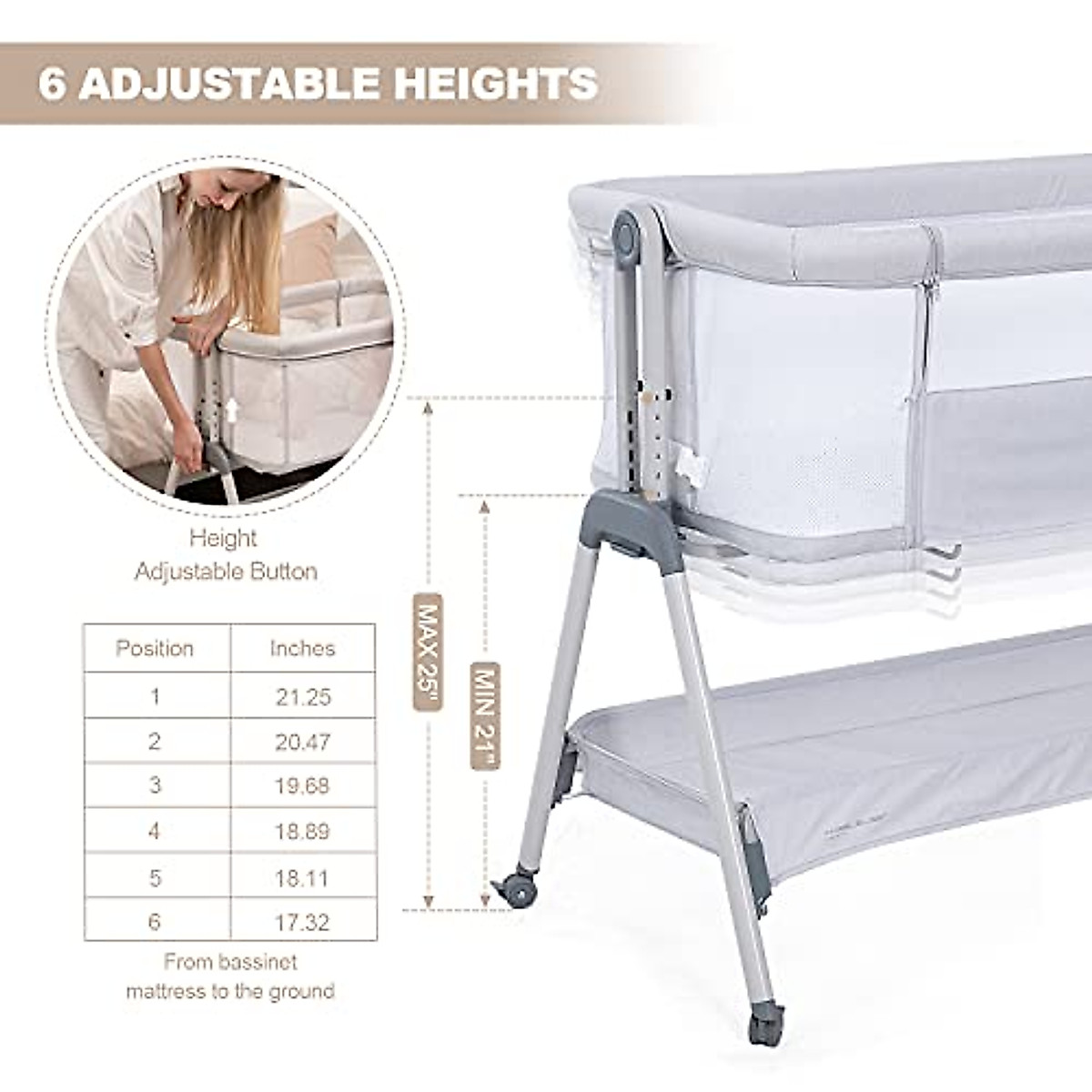 ANGELBLISS Baby Bassinet Bedside Sleeper, Easy Folding Portable Bassinet for Baby with Wheels, Adjustable Height, Included Mattress