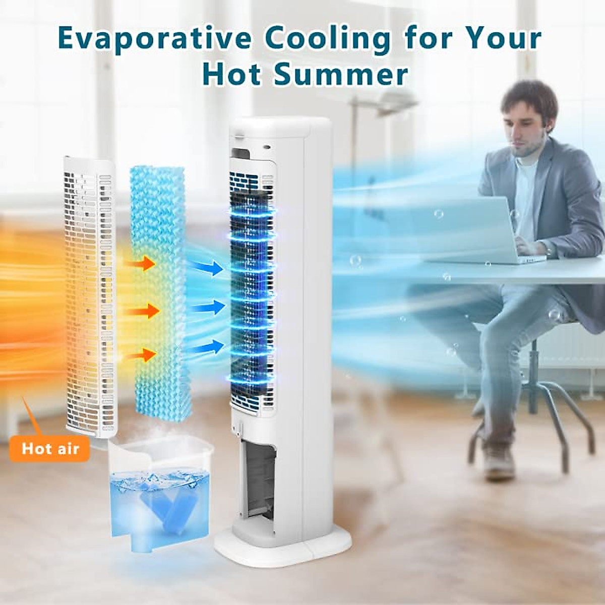 LifePlus 2-In-1 Evaporative Air Cooler - 41” Quiet Cooling Tower Fan Humidifier Portable Swamp Cooler with Bladeless Design 2 Ways Add Water 50° Oscillation Remote Control 3 Wind Speeds 12H Timer 4 Ice Boxes for Home & Office