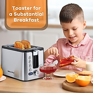 Mecity Toaster 2 Slice Stainless Steel Toaster Countdown Timer, Bagel/Defrost/Reheat/Cancel Functions,Warming Rack, Removable Tray, 6 Browning Settings, Extra Wide Slots, Bread Toaster, 800W