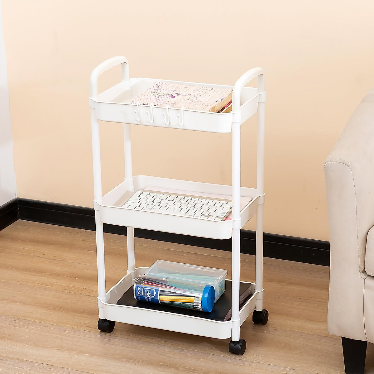 Gagee 3 Tier Rolling Cart with Wheels and Handle,Rolling Storage Cart for Office, Living Room, Laundry Room,Kitchen,Bathroom,White