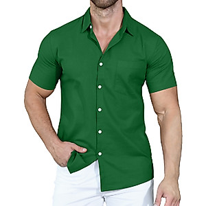 YTD Men's Linen Casual Short Sleeve Shirts Button Down Summer Beach Shirt Green