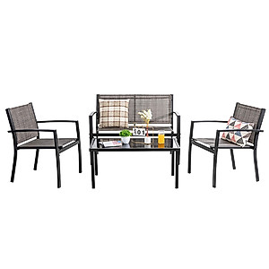 Shintenchi 4 Pieces Patio Furniture Set All Weather Textile Fabric Outdoor Conversation Set, with Glass Coffee Table, Loveseat, 2 Single Chairs for Home, Garden, Lawn, Porch (Brown）