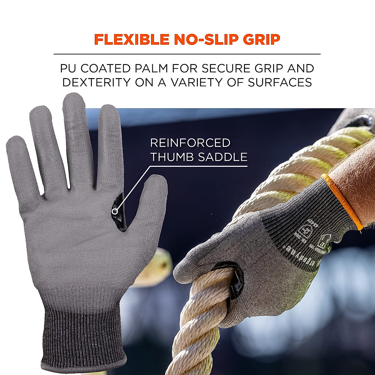 Ergodyne ProFlex 7071 Cut Resistant Work Gloves, ANSI A7, PU Coated Palms for Flexible No Slip Grip, Reinforced Thumb Saddle, 18g HPPE and Tungsten, Gray, Large
