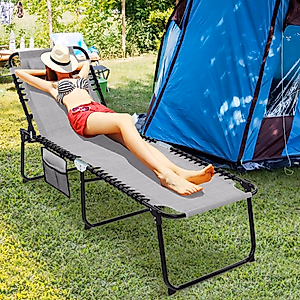 Giantex Patio Lounge Chairs for Outside - Folding Tanning Chair w/Headrest, 4 Adjustable Positions, Side Pocket, Outdoor Chaise Lounge for Camping, Pool, Sunbathing Beach Chair, Grey