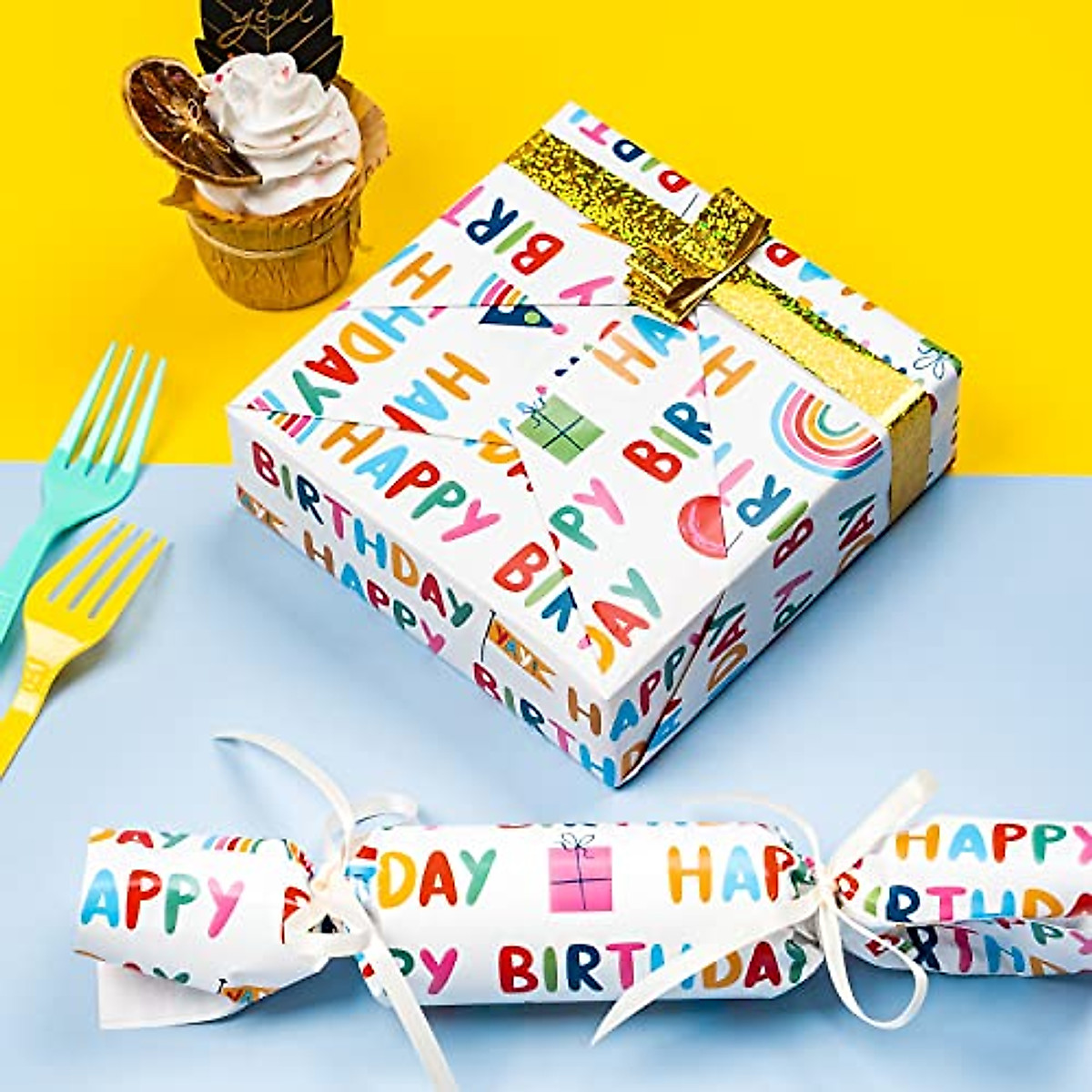 WRAPAHOLIC Birthday Wrapping Paper Roll - Happy Birthday Lettering and Gift Box Design for Birthday, Holiday, Party, Baby Shower - 30 Inch x 33 Feet