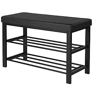 SONGMICS Shoe Bench, 3-Tier Shoe Rack for Entryway, Storage Organizer with Foam Padded Seat, Faux Leather, Metal Frame, for Living Room, Hallway, 12.2 x 31.9 x 19.3 Inches, Black ULBS58H