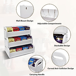 Tea Bag Storage Organizer Box - Bamboo Tea bags Holder 3-Tier Stackable Wall Mount Large Capacity Tea Caddy Containers for Pantry Countertop Kitchen Counter Cabinet Office (White)