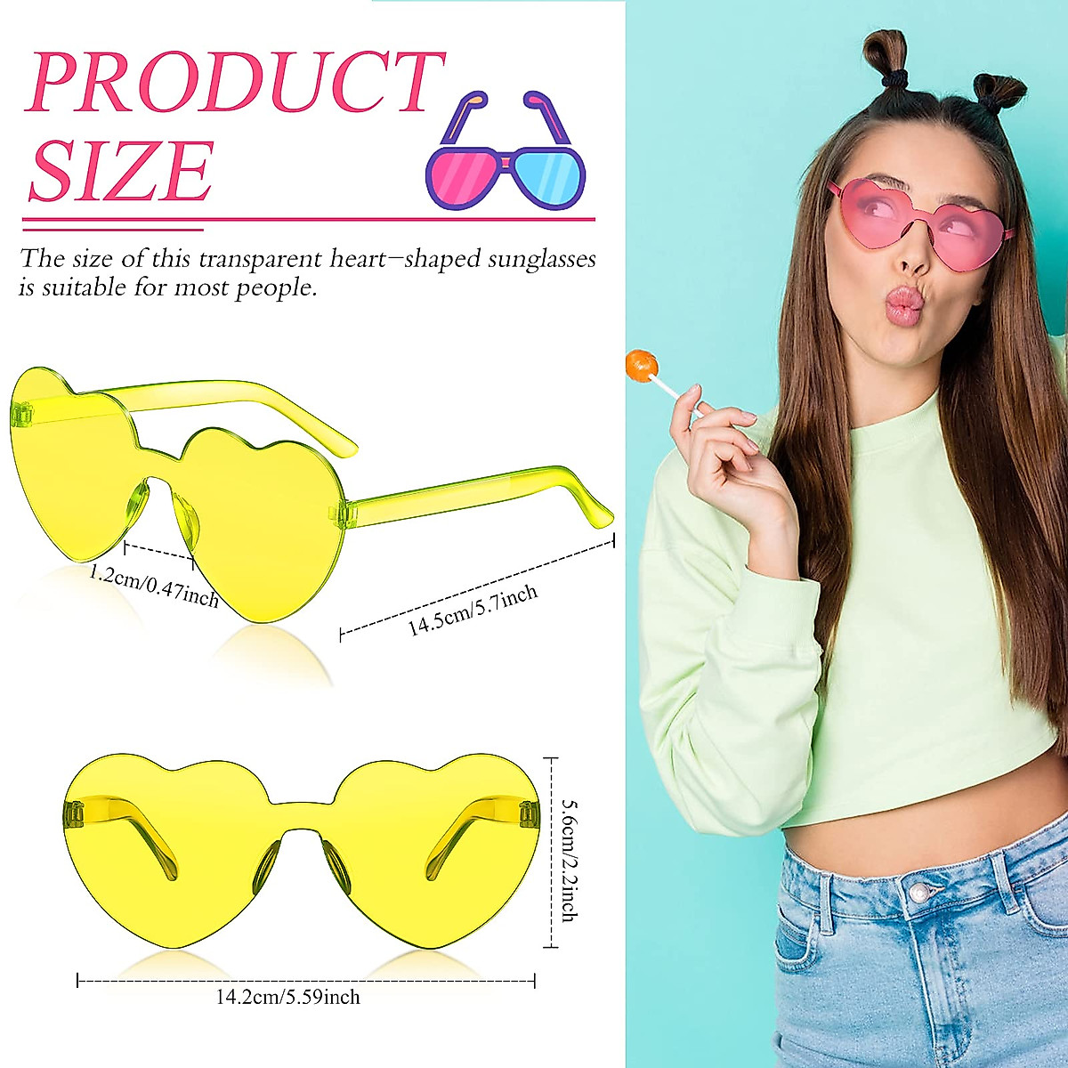 TOODOO 10 Pairs Heart Shaped Sunglasses Rainbow Sunglasses Candy Color Rimless Glasses for Women Girl Party Favor(Multi Colors)