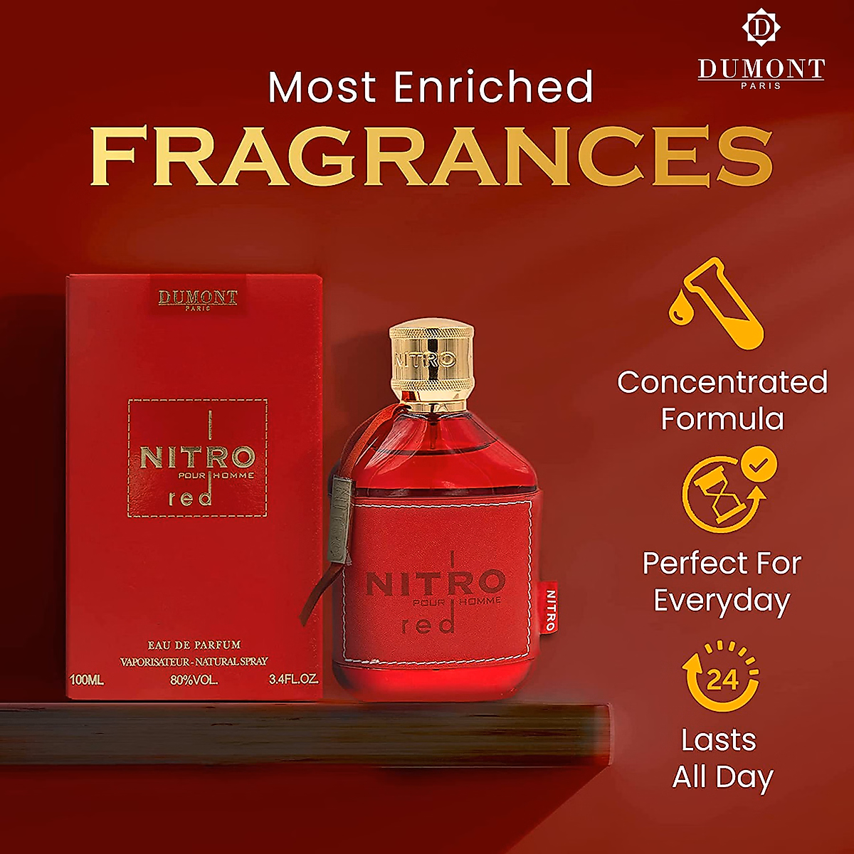 Dumont NITRO RED - 3.4oz - Eau De Parfum - Luxury Perfume for Men - Fruit, Woody, Floral & Masculine Fragrance - Long Lasting Cologne Mist & Body Spray - for Him
